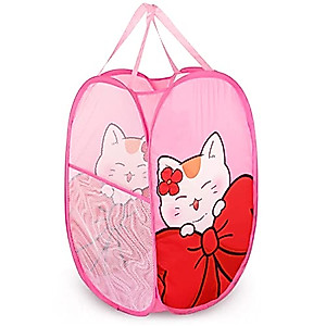 WEI LONG Mesh Popup Hamper-Foldable Lightweight Basket for Washing-Durable Clothing Storage for Kids Room,Students College Dorm,Home,Travel & Camping-Pop-up Clothes Hamper (Pink Kitty Cat)