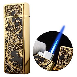 Windproof Butane Gas Filled Lighter, Jet Flame Dragon Lighter, Refillable Torch Lighter with Adjustable Flame for Camping, Outdoor Activities, Candles and More - Lightweight, Stylish and Portable-Gold