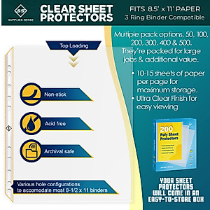 Sheet Protectors for 3 Ring Binder - 200 Premium Clear Plastic Page Protectors for 3 Ring Binder - Sleeves 8.5 x 11 for Paper & Documents