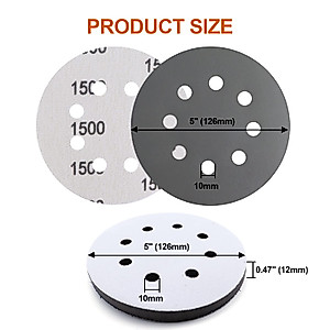 POLIWELL 5 Inch Sanding Discs 8-Hole Hook and Loop Sandpaper Wet Dry Sanding Sheets 80 to 2000 Assortment Grits 50 Pack with 5” Interface Pad for Random Orbital Sander Automotive Wood Metal Plastic