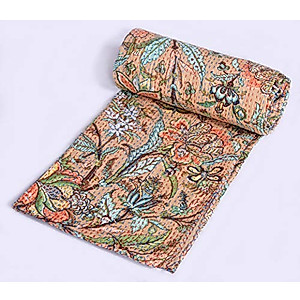 MAVISS HOMES Beautiful and Comfortable Indian Vintage Floral Printed Cotton Kantha Quilt | Throw Blanket Bedspread | Vintage Quilt | Home Décor |Bedding; Floral 8