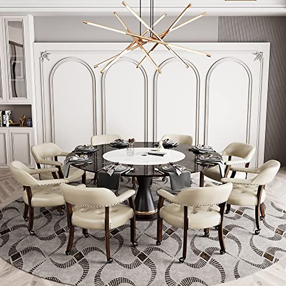 LEEMTORIG Dining Chairs with Casters and Arms, Faux Leather Accent Kitchen Table Chairs with Wheels, Roller Poker Table Chair, Wooden Captains Chair, Espresso Legs & Beige, XXY-1910-BG