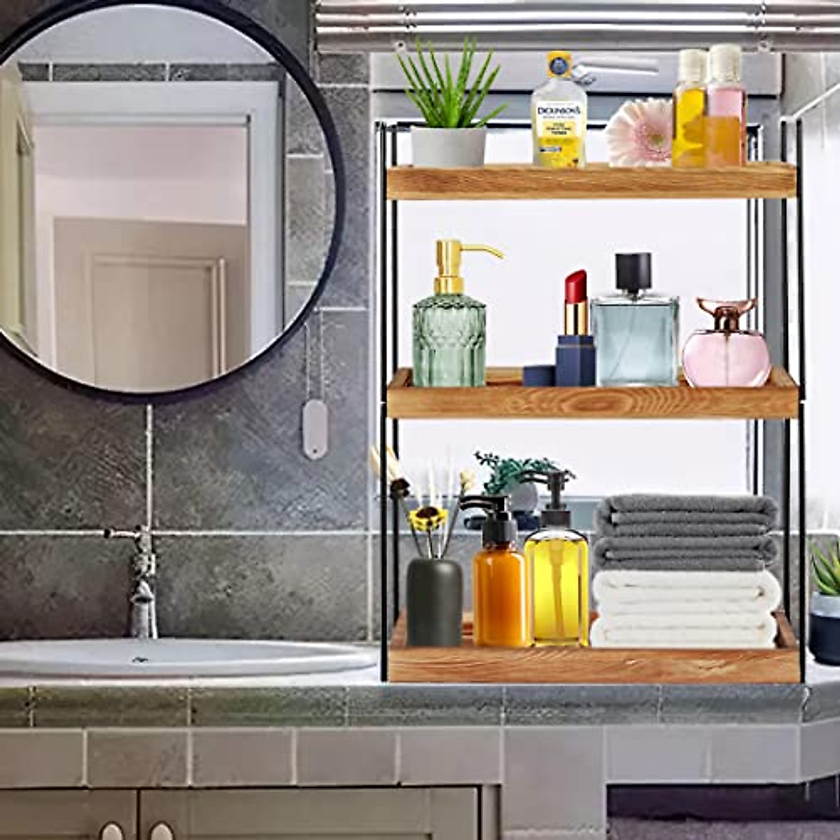 3 Tier Kitchen Countertop Organizer Bathroom Counter Storage Standing Rack Vanity Tray Cosmetic Shelf Make Up Storage Holder Wooden Spice Rack Seasoning Shelves Organizers For Bathroom Kitchen