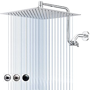 PDPBath 12" Rain Shower Head with Upgrade Adjustable Extension Arm, 304 Stainless Steel High Pressure Rainfall Showerhead, All Metal Large Square Waterfall Fixed Showerhead for Bathroom - Chrome