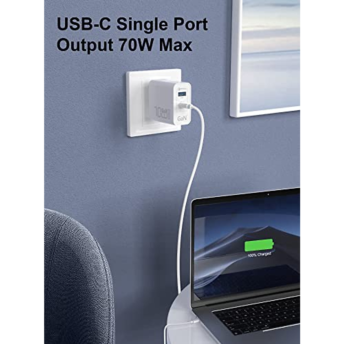 70W USB C Charger, GaN Charger PD USB C Fast Charger 2 Ports Power Adapter Foldable (Works with 65W) Compatible with MacBook Pro, Dell, Huawei, Xiaomi, iPhone 13/14, iPad Pro, Galaxy S22