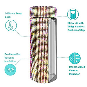 Bling Crytal 17oz Insulated Water Bottle with Strainer,Stainless Steel Thermal Bottle,Leak-Proof Double Walled Vacuum Insulated ,Diamond vacuum flask for woman to Travel, Picnic& Camping (multi)