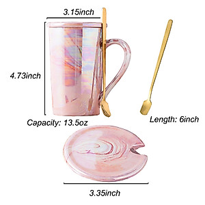 KEYIGOU 13.5oz Marble Coffee Mugs with Lid Gold Spoon Pearly Ceramic Tea Cup Cute Mugs for Women Mom Friend Gifts