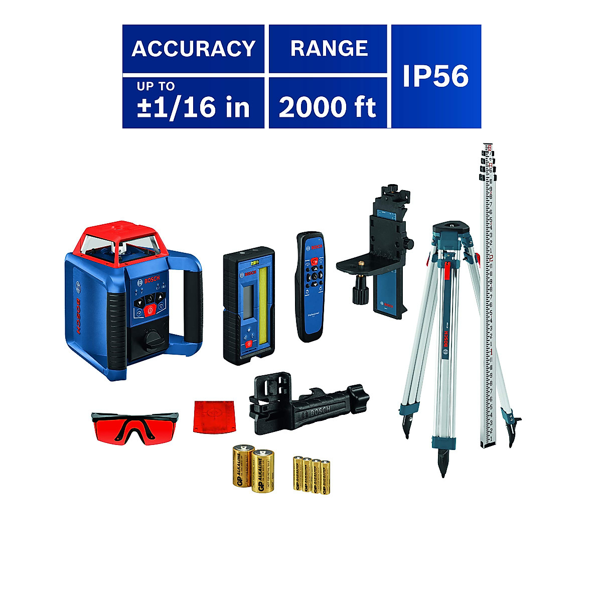 BOSCH REVOLVE2000 GRL2000-40HVK Exterior 2000ft Range Horizontal/Vertical Self-Leveling Cordless Rotary Laser Kit with Tripod, 13ft Grade Rod and Laser Receiver,Red