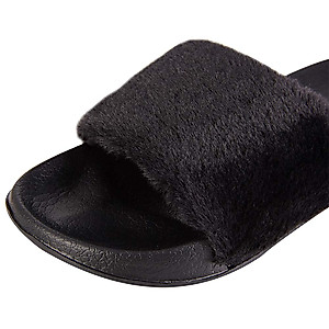 FUNKYMONKEY Women's Slides Faux Fur Cute Fuzzy Slippers Comfort Flat Sandals (9-10 M US, Black)