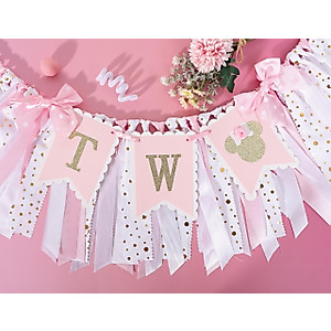 Minnie Mouse 2nd Highchair Banner - Minnie 2nd Birthday Party Decorations,Pink Gold Two High Chair Ribbon Banner,Minnie Mouse Inspired Party Supplies,Sweet Girl Second Birthday Banner Photo Props