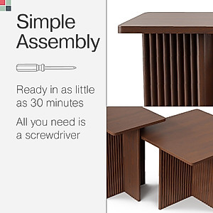 Square Fluted Nesting Coffee Table - Low Profile 2 Piece Square Coffee Table Set - Living Room Furniture - Modern Home Decor - Solid Oak Base (Walnut)