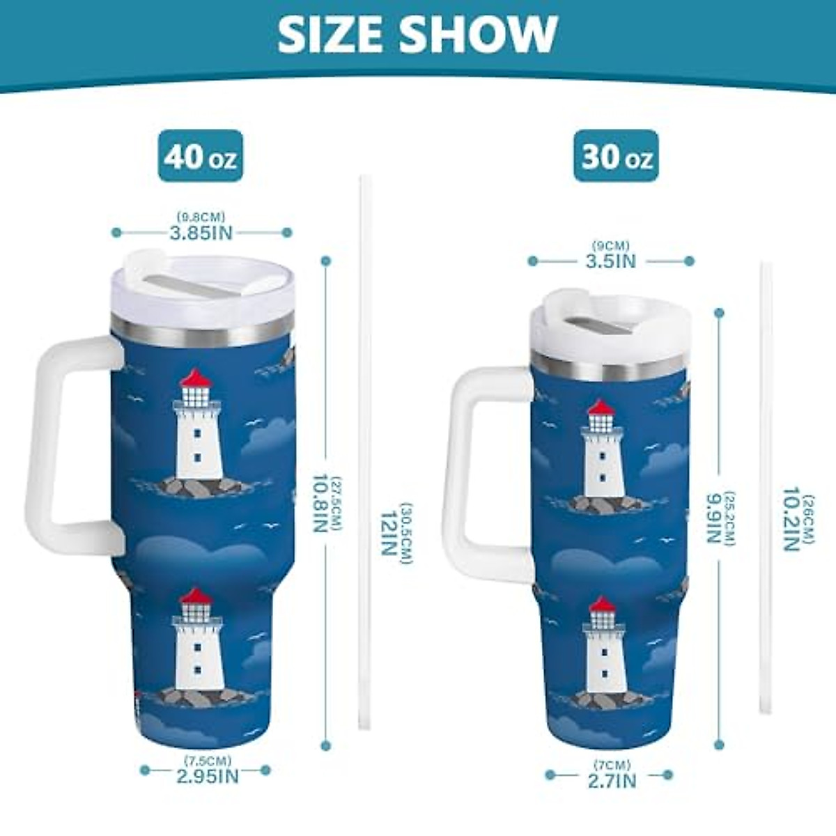 RPLIFE Whimsical Sweet Lighthouse Blue Coffee Tumbler with Handle, Stainless Steel Coffee Tumbler, Cups with Lids
