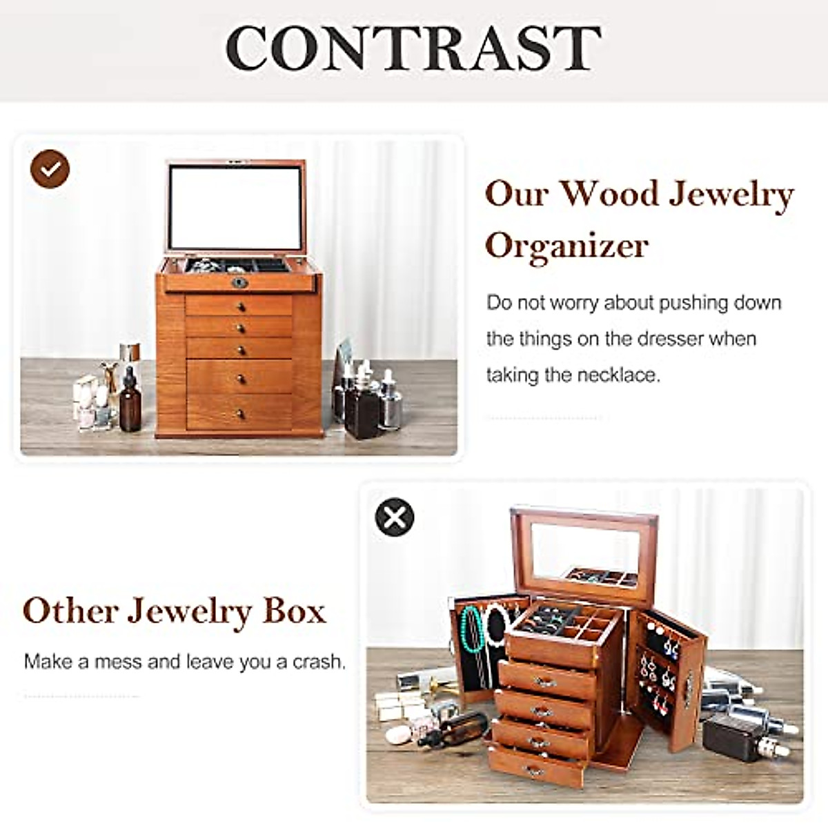 Homde Large Wooden Jewelry Box/Cabinet/Armoire with Lock for Women Girls Ring Necklace (Large)