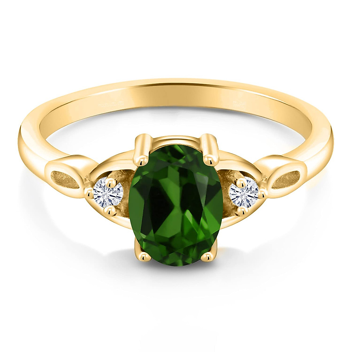 Gem Stone King 18K Yellow Gold Plated Silver Green Chrome Diopside and White Moissanite 3-Stone Rings For Women (1.28 Cttw, Gemstone, Oval 8X6MM, Available In Size 5, 6, 7, 8, 9)