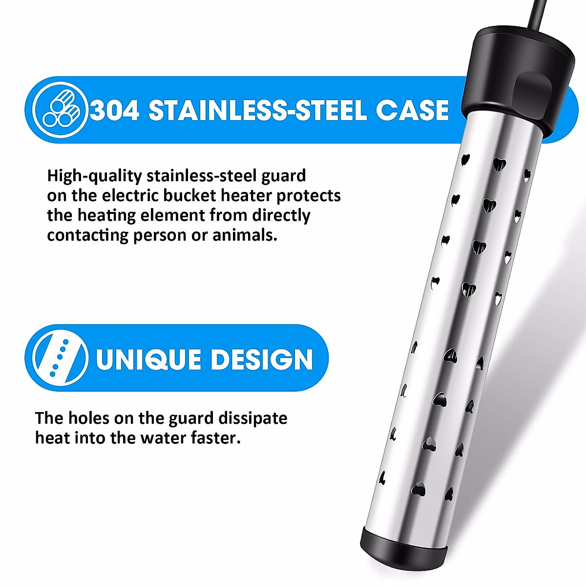 Immersion Water Heater for Boiling Bath Water,Portable Electric 304 Stainless Heater Outdoor with Guard Cover -LCD Thermometer,for MotorhomeTub Buckets ,Boils 5 Gallon Bucket of Water in Minutes (A3)