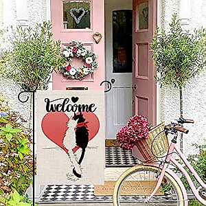 Valentines Day Garden Flag Cat Welcome Valentines Garden Flag Love Heart Party Home Burlap Double Sided Yard Decor 12.5 x 18 Inch