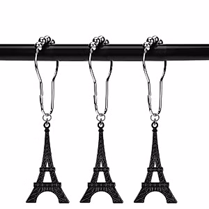 ZILucky Set of 12 Eiffel Tower Shower Curtain Hooks Parisian Paris France Shabby French Chic Cottage Style Theme Home Shower Curtain Rings Decor Accessories Bathroom Rustproof (Black)