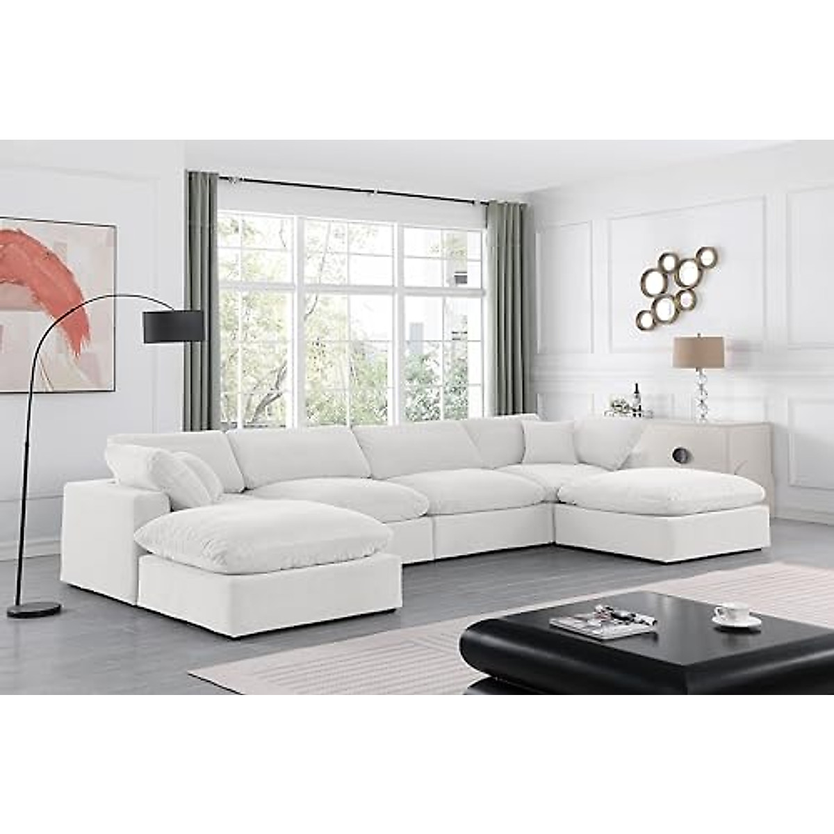 Meridian Furniture 189Cream-Sec6B Comfy Collection Modern | Contemporary Upholstered Modular Sectional, Soft Cream Velvet, Down Feather Cushions, 158" W x 79" D x 34.5" H, Cream