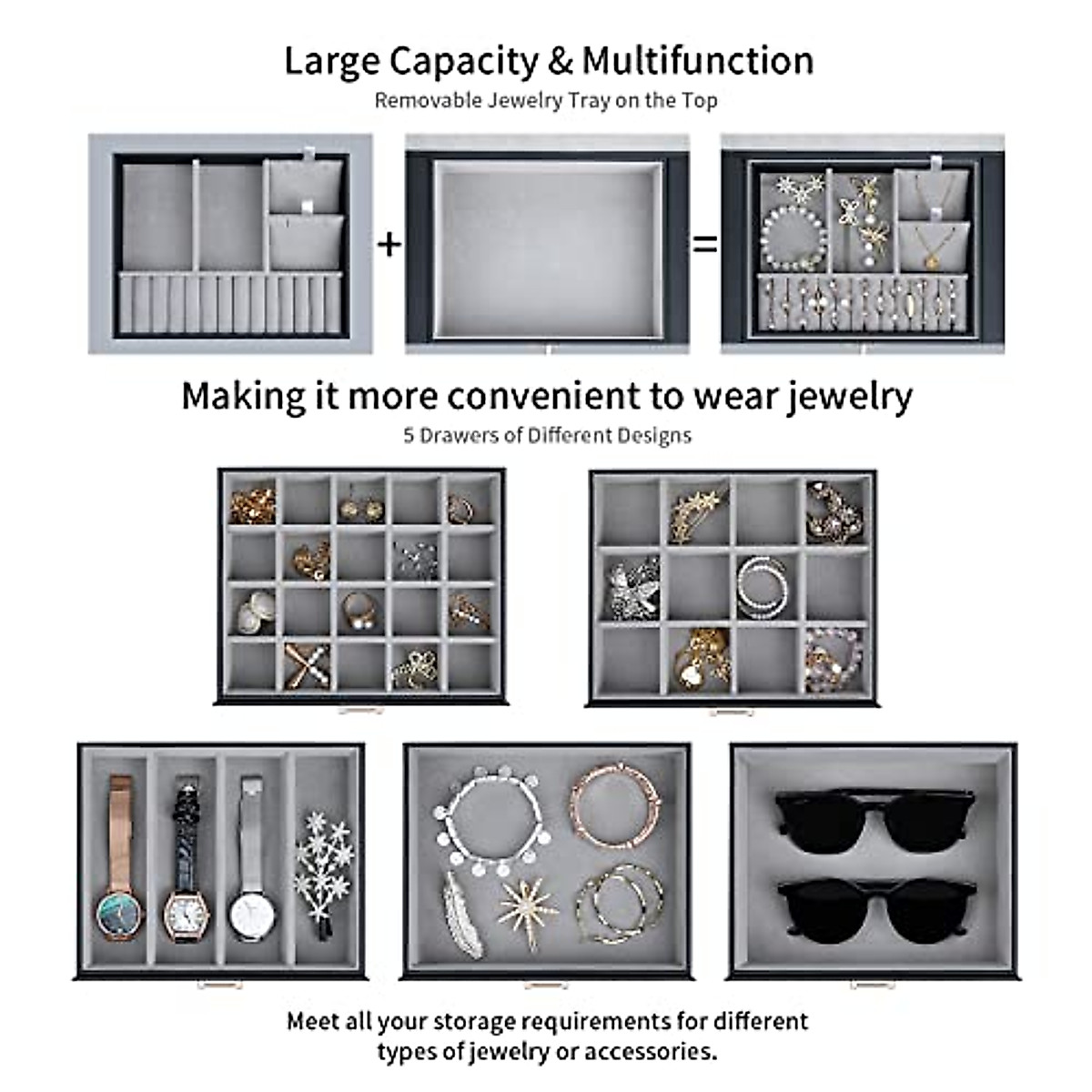 V-LAFUY Large Jewelry Organizer Box Black Jewelry Box, Large Jewelry Organizers Jewelry Boxes for Women to Storage Earrings Rings Necklaces Bracelets, Best Gift for Valentine's Day, Black