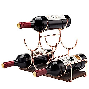 MyGift Rose Gold Wine Rack Countertop, 6 Bottle Modern Tabletop Metal Wire Stacked Wine Holder Stand with Burnt Wood Base