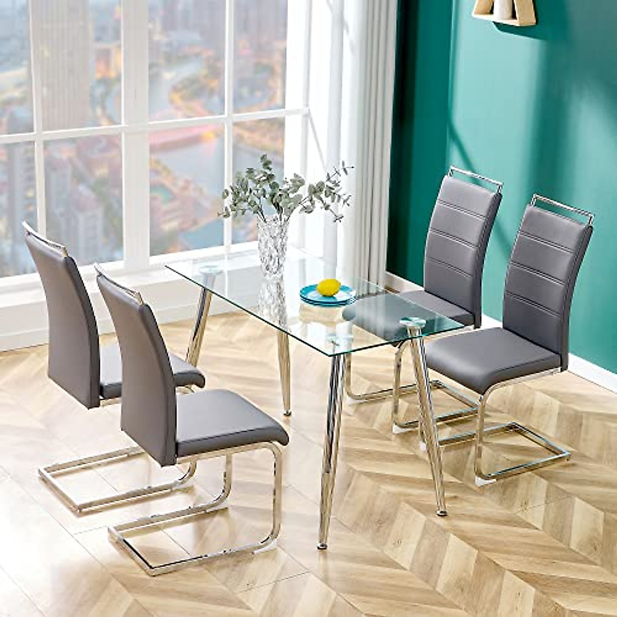 FATFISH Modern Dining Chairs, PU Faux Leather High Back Upholstered Side Chair Transverse Stripe Backrest Design for Dining Room Kitchen Vanity Patio Club Guest Office Chair (Set of 4) (Gray+PU)