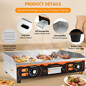 WICHEMI 29" Commercial Griddle Electric Grill Without Plug Countertop Griddle Flat Top Grill Hot Plate Non-Stick Stainless Steel Teppanyaki Grill for Restaurant Kitchen, 110V 4400W