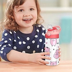 Cute Pig Kids Water Bottle, Vacuum Insulated Stainless Steel, Double Walled Leakproof Tumbler Travel Cup for Girls Boys Toddlers, 12 oz