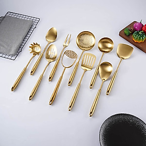 Gold Kitchen Utensils Set, 12 PCS Brass Matte Serving Utensils Set, 304 Stainless Steel All Metal Cooking Utensil - Potato Masher, Tongs, Spatula, Meat Fork, Ladle, Skimmer Spoon, Spaghetti Spoon Set