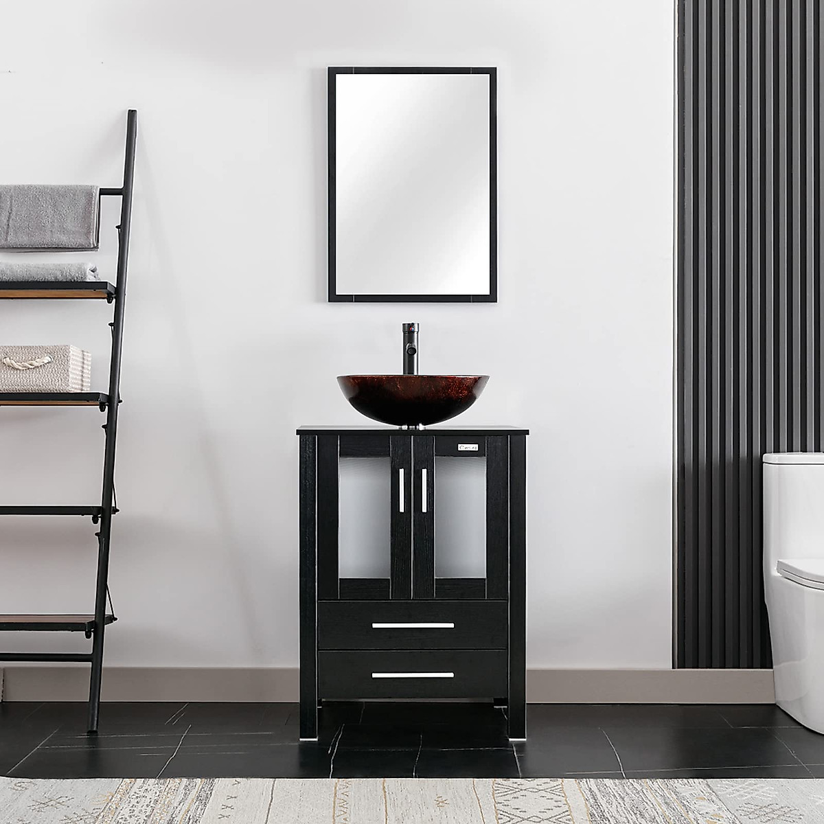 eclife 24" Modern Bathroom Vanity Sink Combo Black Stand Cabinet with Brown Round Tempered Glass Vessel Sink & Water Save Faucet & Pop Up Drain (A09)
