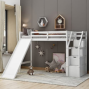 RUNWON Solid Wood Twin Size Loft Bed with Storage and Slide for Kids Teens Bedroom, No Box Spring Needed, White
