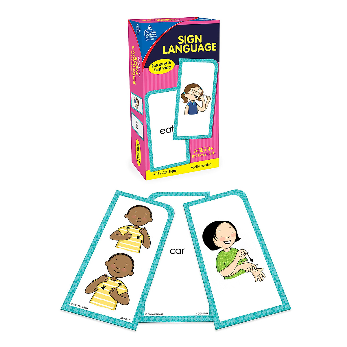Carson Dellosa 104 American Sign Language Flash Cards for Kids, 122 ASL Signs Flashcards for Beginners and Toddlers Ages 4 and Up With Signing Illustrations