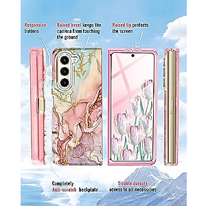 Btscase for Samsung Galaxy Z Fold 5 Case,Built in Front Screen Protector,Gold Glitter Marble Pattern Hard PC Slim Shockproof Full Body Drop Protective Case for Galaxy Z Fold 5 5G (2023), Rose Gold
