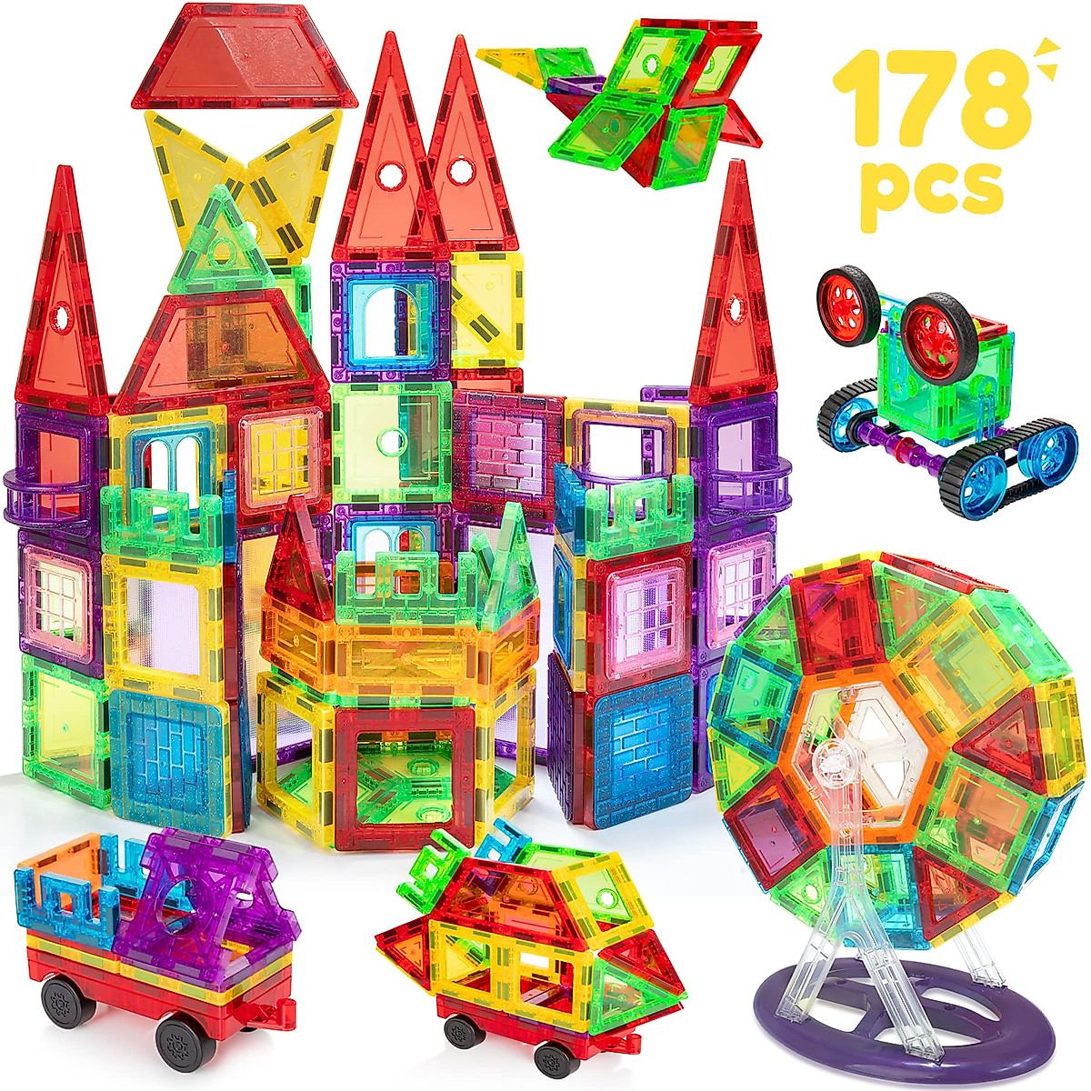 Batlofty 178 PCs Magnet Building Tiles 3D Magnetic Building Blocks for Kids, Toddlers Age 3+, Children's Toy with Car Sets