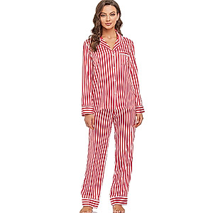 Serenedelicacy Women's Satin Pajama Set Long Sleeve Button Down Sleepwear 2-Piece Striped Silky Pj Set (Medium, Red, Striped)