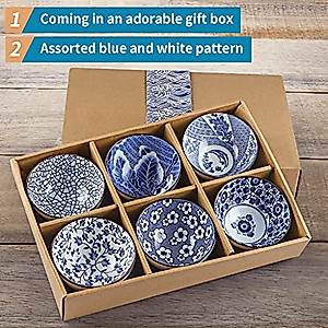 Sanbege Ceramic Rice Bowls 10 oz, Japanese Style Bowl Gift Set, Assorted Dinnerware Serving Bowls for Cereal, Soup, Dessert, Snack, Fruit, Salsa, Pack of 6 (Blue and White)