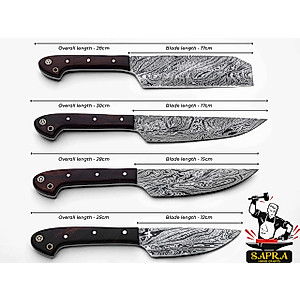 Sapra Hand Forged Custom Made Damascus Steel 4 Pcs Outdoor BBQ Professional Utility knives chef knife set for kitchen with Handmade Leather Roll Bag P-2090-R-KCS