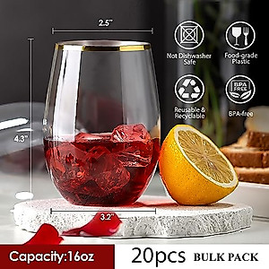 ROIMEE VONT 20 Pack 16oz Plastic Stemless Wine Glasses Disposable Heavy Duty Unbreakable Clear Plastic Wine Glasses Recyclable Shatterproof Reusable Plastic Red/White Wine Cups for Parties Weddings