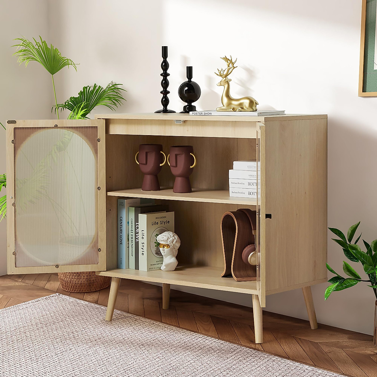 PHOYAL Sideboard Buffet Cabinet, Modern Sideboard Cabinet Accent Storage Cabinet with 2 Doors and Adjustable Shelves Storage Cabinet for Kitchen, Living Room, Hallway, Natural X 2