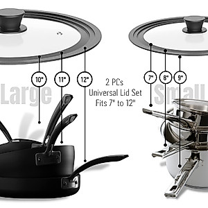 J&C LIFE Universal Lids for Pots, Pans & Skillets (2PCs, Grey) Fits 7-8.5, 10-12 Inch Frying Pan Skillet, Glass Pan Lids with Heat Resistant Silicone Rim, Pan Cover for Cast Iron Skillet Cookware