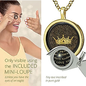 14k Yellow Gold Over 100 Languages I Love You Necklace for Women Her Queen Crown Pendant Gold Inscribed in Micro Text on Romantic Anniversary Onyx Gemstone, 18" Gold Plated Silver Rolo Chain