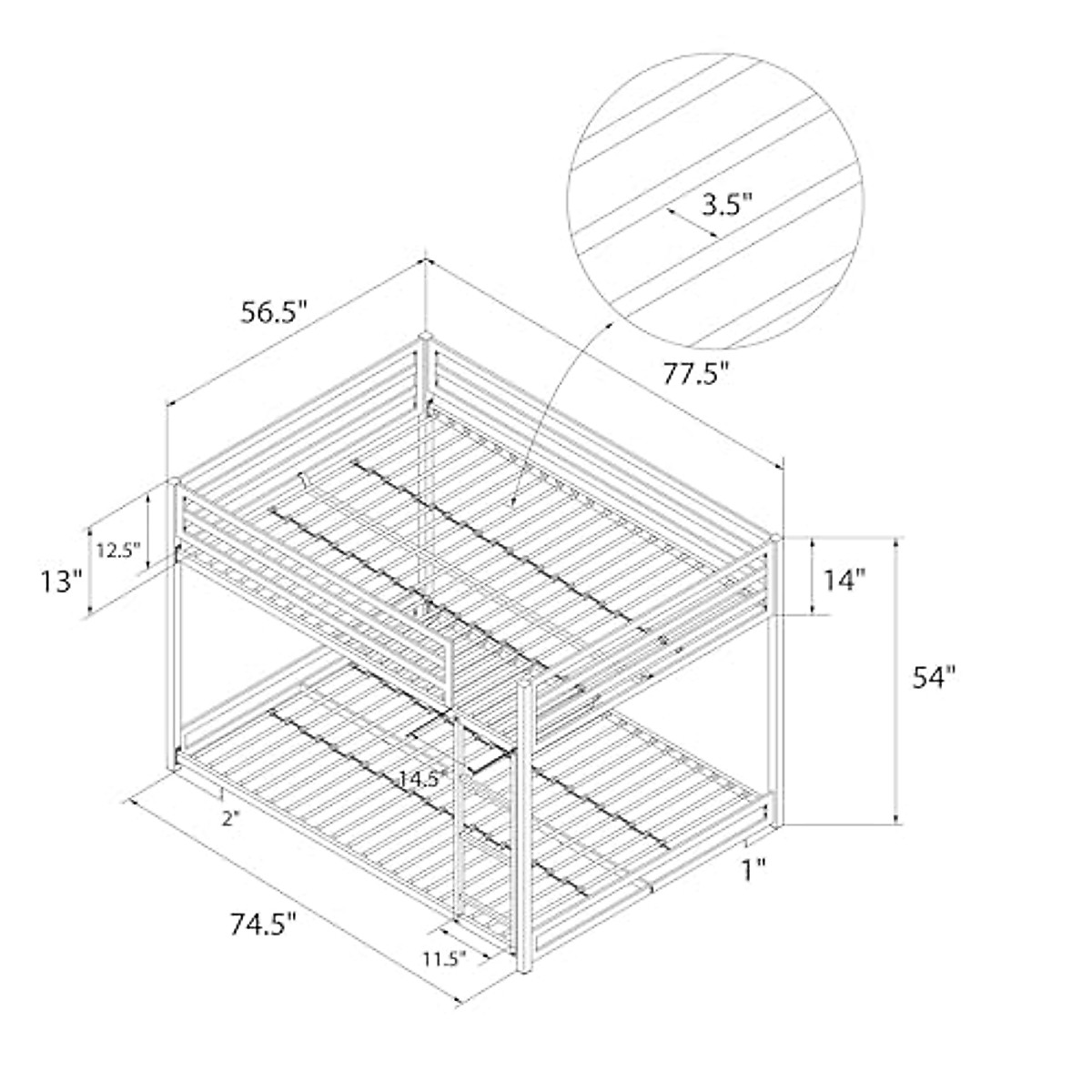 DHP Miles Low Metal Bunk Bed Frame for Kids, With Built-in Ladder, High Guardrail and Metal Slats, Floor Bed Bottom Bunk, No Boxspring Required, For Small Spaces, Full-Over-Full, Blue