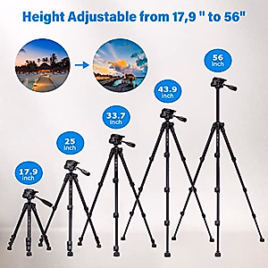 PHOPIK Camera Tripod, 56” Cell Phone Tripod with Phone Holder, Extendable Video Tripod with Quick Release Plate,Compatible with All Cameras, Cell Phones, Projector, Webcam, Spotting Scopes