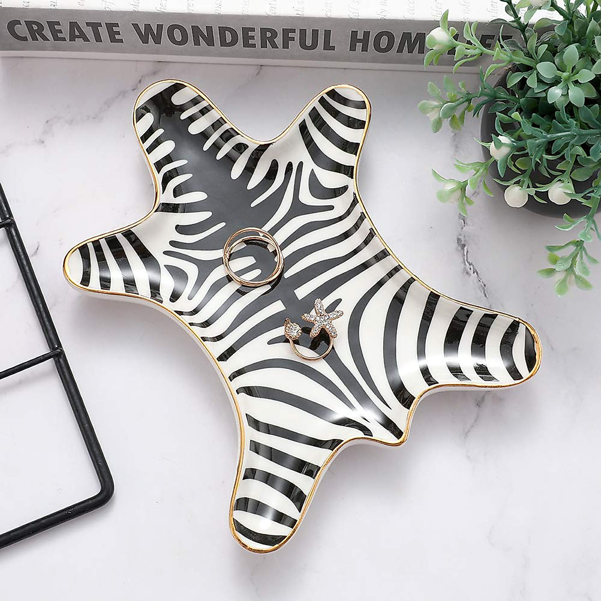 Stephanie Imports Zebra Gold Ceramic Trinket Plate and Decorative Jewelry Dish