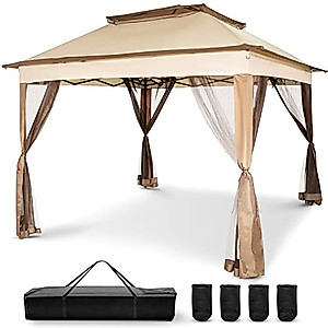 Happybuy Outdoor Canopy Gazebo Tent, Portable Canopy Shelter with 11'x11' Large Shade Space for Party, Backyard, Patio Lawn and Garden, 4 Sandbags, Carrying Bag and Netting Included, Brown