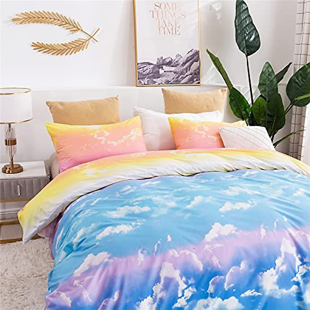 HYPREST Rainbow Duvet Cover Set Queen Size, Ultra Soft Aesthetic Comforter Cover Pink Bedding Set with Zipper and Corner Ties, Oeko-TEX Certificated