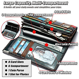 Karoukee Womens Patchwork Genuine Leather Wallet Fancy Colorful Large Capacity Phone Clutch Credit Card Holder Kiss Lock Coin Purse