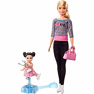 Barbie Ice-Skating Dolls & Playset with Blonde Coach Barbie Doll, Brunette Small Doll and Ice-Skating Base with Turning Mechanism, Gift for 3 to 7 Year Olds