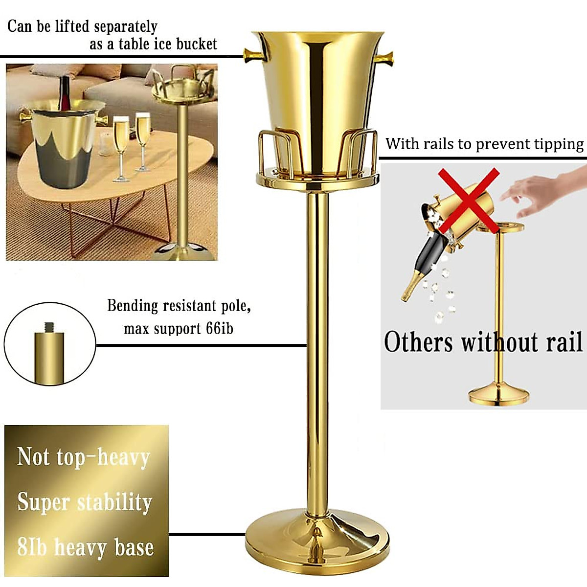 Ice Bucket with Stand 201 Stainless Steel Ice Bucket Standing Hammered 13Lbs Gold Ice Bucket with Carrying Handle for Wine Champagne Beer KTV Clubs Bar Parties (Total Height: 91cm,5L)