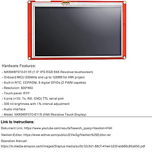 Ferwooh 7.0" NX8048P070 Nextion Intelligent HMI USART UART Serial TFT LCD Display Module Resistive Touch Screen Pannel Resistive LCD Touchscreen (NX8048P070-011R)