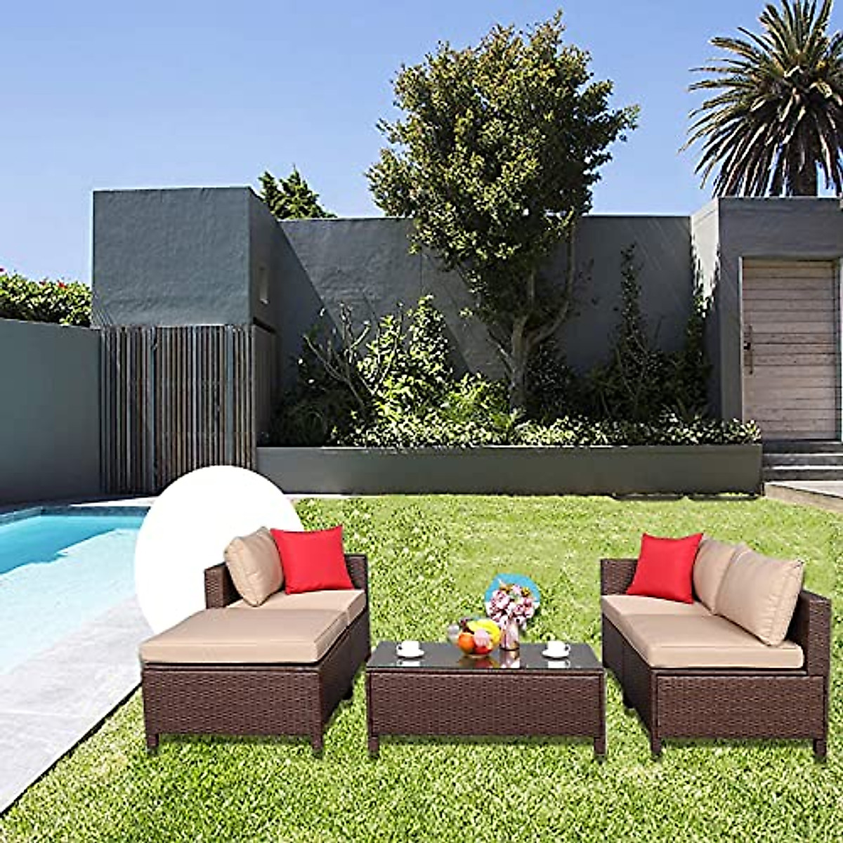 L-DREAM 5-Piece Set Rattan Sofa for Outdoor Patio Furniture Set, Brown PE Rattan Wicker Sofa Set, with Beige Seat Cushions and Rectangular Coffee Table, Garden Furniture (Color : Brown)